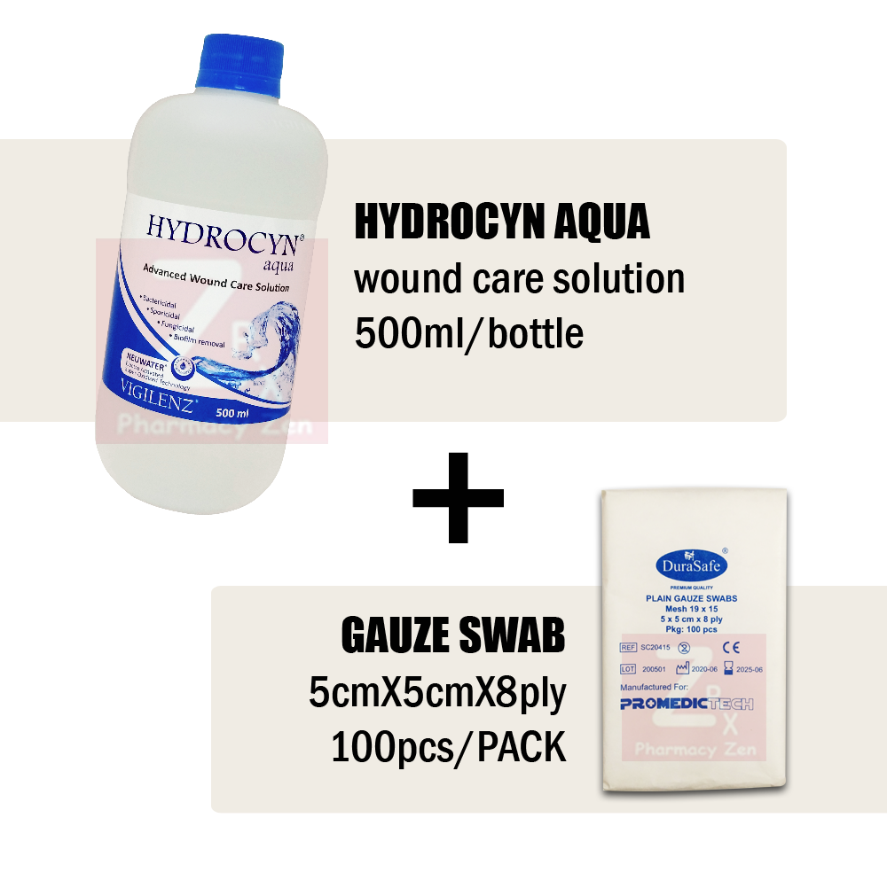 Zen Pharmacy | Hydrocyn Aqua 500ml+Gauze Swabs 5cm x 5cm (8 ply)100 pcs